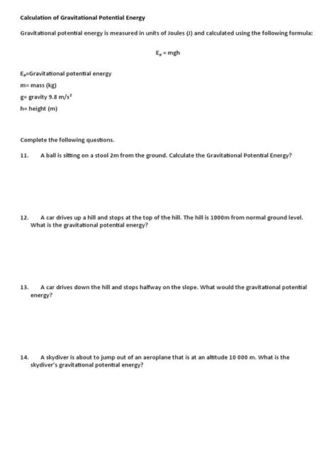 Energy Calculations Worksheet Pdf Potential Energy Kinetic Energy