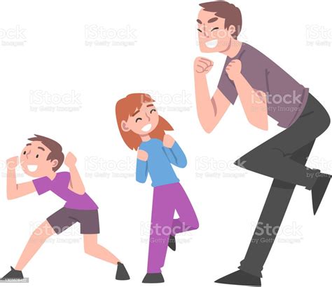 행복한 아빠와 그의 두 아이가 승리를 축하 자두를 표현하거나 재미 긍정적 인 감정 개념 만화 벡터 일러스트 긍정적인 감정 표현에