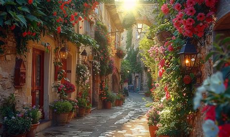 A Narrow Alley With Flowers And Hanging Baskets And A Lantern Premium
