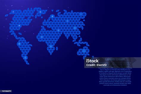 세계 지도 개요 배너 포스터 인사말 카드에 대 한 반복 되는 노드 및 공간 별 패턴 기하학적 배경을 파란색 삼각형에서 도식 벡터 일러스트입니다 3차원 형태에 대한 스톡 벡터
