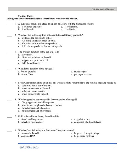 SOLUTION Cell Structure Function And Transport Practice Questions Studypool