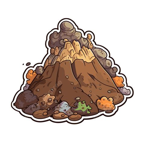 녹은 바위와 먼지가 있는 만화 화산 클립 아트 벡터 고립 된 만화 흙 더미와 스티커 디자인 상표 Png 일러스트 및 벡터