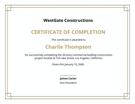 Construction Completion Certificate Template