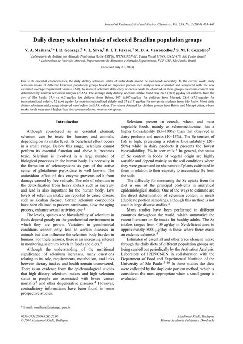 Pdf Daily Dietary Selenium Intake Of Selected Brazilian Population Groups