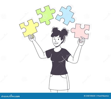 Woman Assembling Jigsaw Puzzle Connecting Mosaiced Pieces Together Vector Illustration Stock