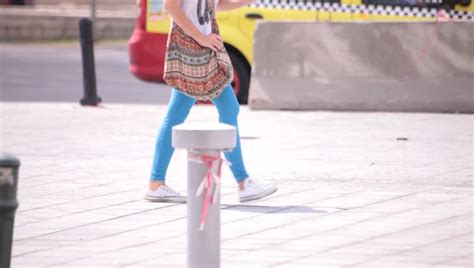 Blue Leggings Long Legs Young Adult Woman Walking Voyeur Point Of View