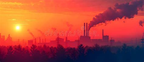 Image Of A Factory Emitting Pollution With Trees Absorbing Carbon