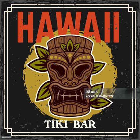 하와이 티키 마스크와 잎 벡터 컬러 장식 일러스트 빈티지 스타일과 텍스트와 그런지 텍스처가 별도의 레이어에 고대의에 대한 스톡 벡터 아트 및 기타 이미지 Istock