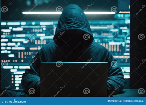 Hacker In A Hood With A Hidden Face Looks At The Screen Of A Laptop Hacking And Malware Concept