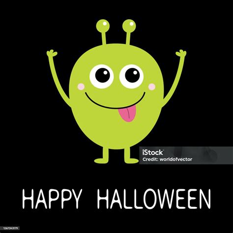 즐거운 할로윈 보내세요 큰 눈 혀와 뿔녹색 괴물 재미있는 귀여운 만화 가와이 캐릭터 아기 컬렉션 플랫 디자인 인사말 카드 검은 색 배경 격리 변형된에 대한 스톡 벡터 아트