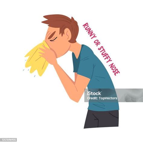 감기 증상 콧물 또는 답답한 코로 고통받는 남자 의료 및 의료 개념 만화 스타일 벡터 일러스트레이션 코에 대한 스톡 벡터 아트 및 기타 이미지 Istock