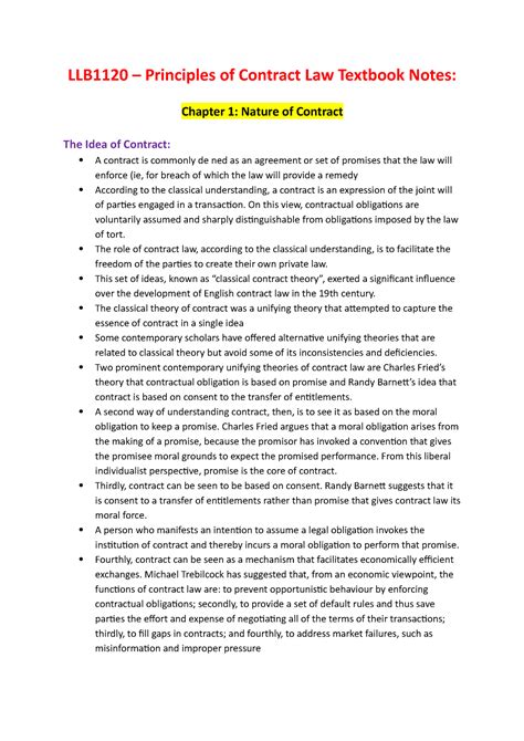 Contract Law Textbook Notes Llb1120 Principles Of Contract Law Textbook Notes Chapter 1