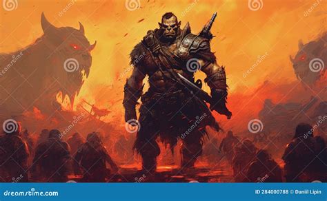 An Orc Warlord Leading His Troops Into Battle On A Sci Fi Battlefield