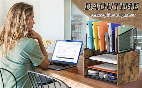 Amazon Com DAOUTIME Tier Mesh Desk Organizer Wooden Desk File Organizer With Vertical File