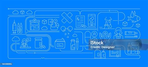 약국 관련 라인 스타일 배너 디자인 웹 페이지 헤드 라인 브로셔 연례 보고서 및 책 표지 라인아트에 대한 스톡 벡터 아트 및 기타 이미지 Istock