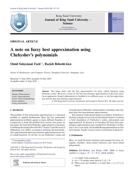 Pdf A Note On Fuzzy Best Approximation Using Chebyshevs Polynomials