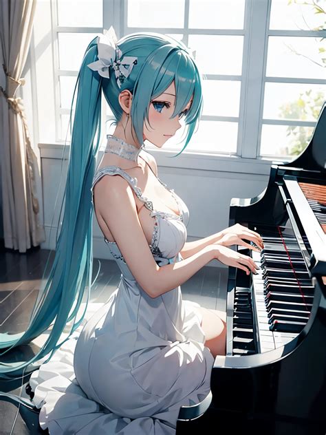 긴 파란 머리를 가진 아라페 소녀가 피아노를 연주하고 있습니다 Seaart Ai