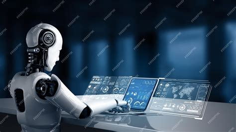 Premium Photo Mlp Robot Hominoid Use Laptop And Sit At Table For Big Data Analytic