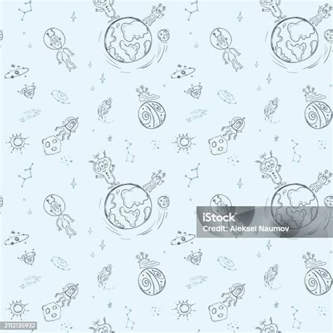 원활한 공간 패턴입니다 손으로 그린 공간 요소 낙서 외계인 패턴입니다 귀여운 Ufo 캐릭터가 있는 성인과 어린이를 위한 공간 흑백 디자인 과학에 대한 스톡 벡터 아트 및