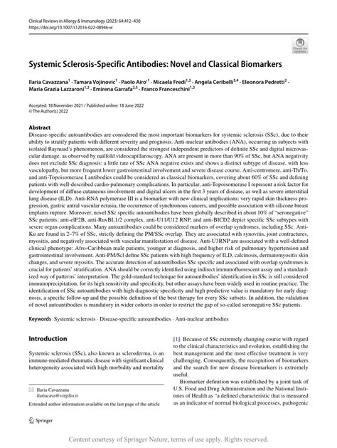 Pdf Systemic Sclerosis Specific Antibodies Novel And Classical Biomarkers