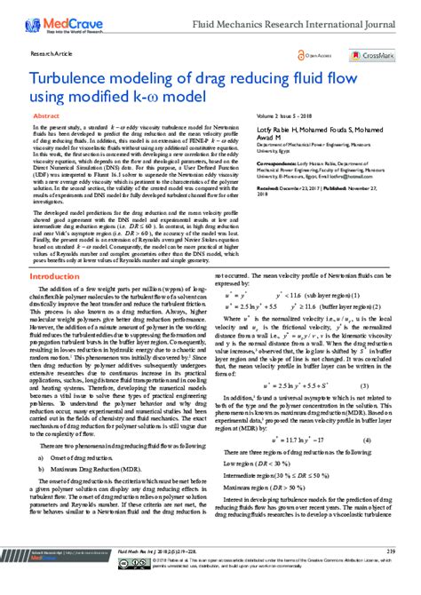 Pdf Turbulence Modeling Of Drag Reducing Fluid Flow Using Modified K