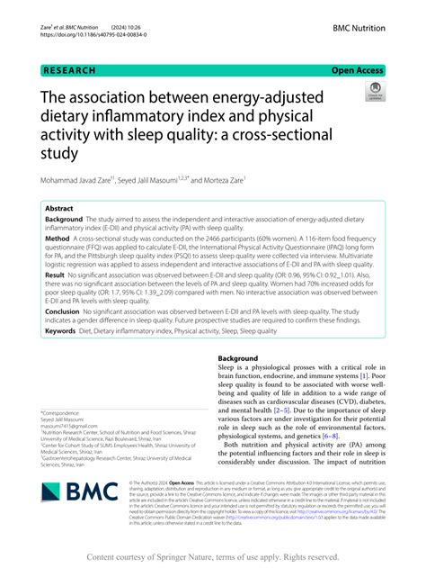 Pdf The Association Between Energy Adjusted Dietary Inflammatory Index And Physical Activity