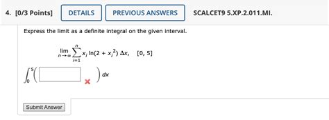 Solved Express The Limit As A Definite Integral On The Given Chegg Com