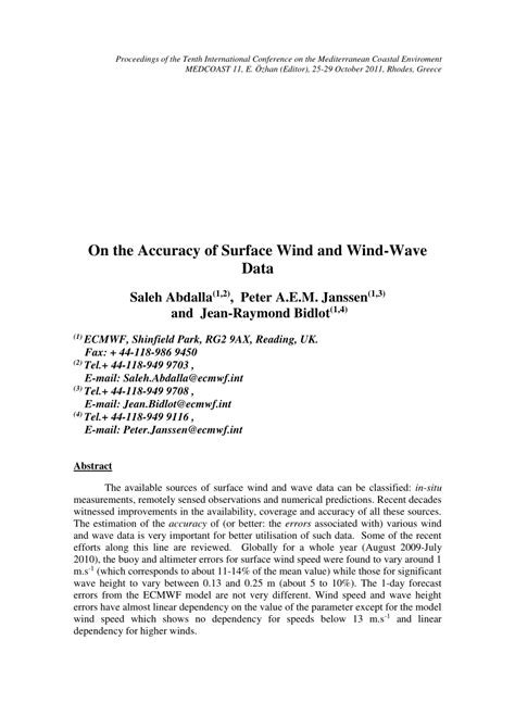 Pdf On The Accuracy Of Surface Wind And Wind Wave Data
