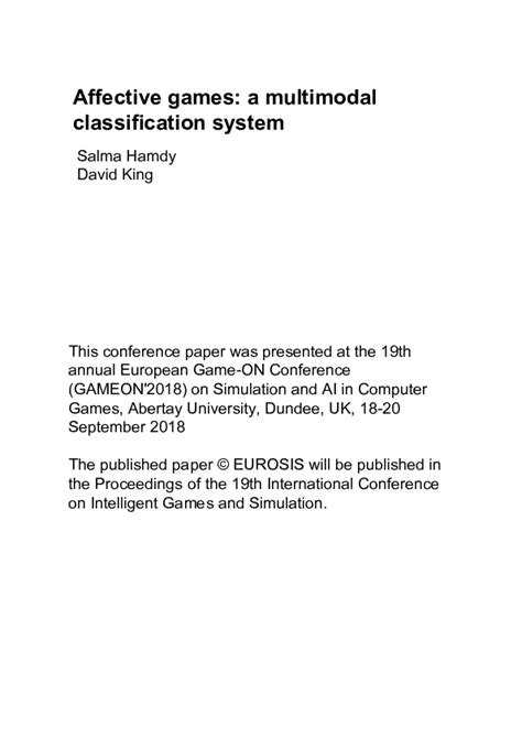 Pdf Affective Games A Multimodal Classification System