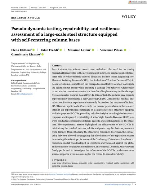 Pdf Pseudo‐dynamic Testing Repairability And Resilience Assessment