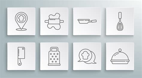 세트 라인 고기 다지기 반죽에 롤링 핀 강판 요리사 모자 말풍선 음식 트레이 프라이팬 주방 거품기 및 위치 아이콘으로 덮여 있습니다 벡터 Brand Name Online