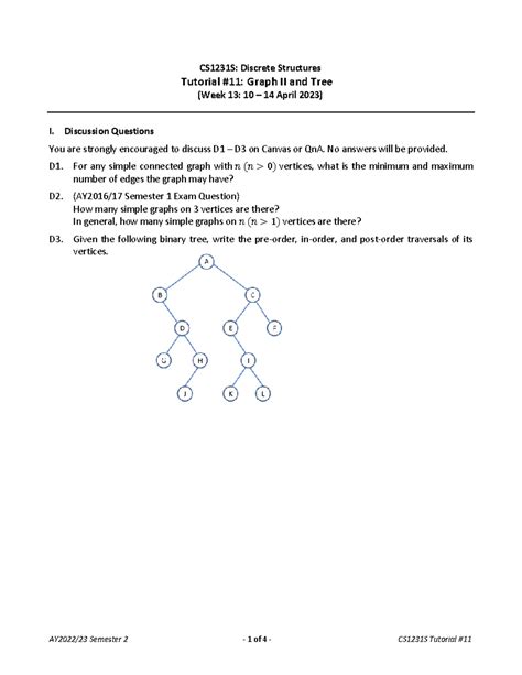 Tut11qns Tut11 Cs1231s Discrete Structures Tutorial 11 Graph Ii And Tree Week 13 10