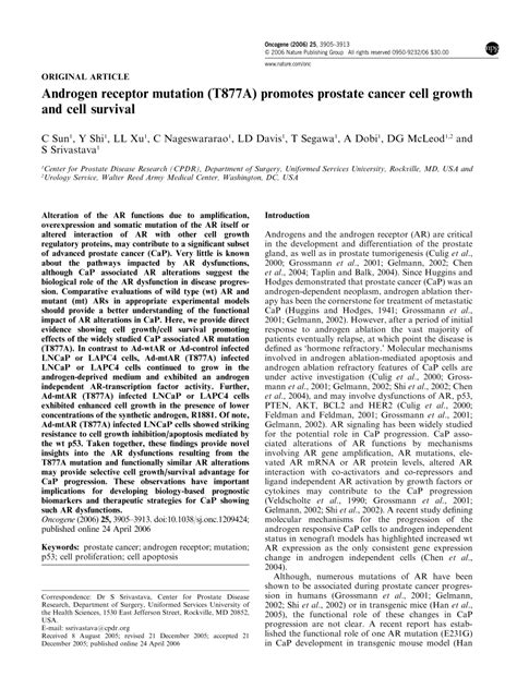 Pdf Androgen Receptor Mutation T877a Promotes Prostate Cancer Cell Growth And Cell Survival