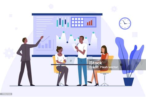 함께 사무실에서 작업하는 동안 보드에 차트를 분석하는 동안 노트북을 사용하여 메모를 만드는 다양한 동료의 그룹 마케팅에 대한 스톡 벡터 아트 및 기타 이미지 Istock