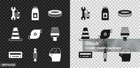 자동차 서비스 모터 기계 오일용 캐니스터 에어 필터 오디오 쇼크 업소버 도어 트래픽 콘 및 자동차 터보차저 아이콘을 설정합니다