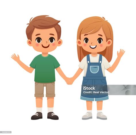 벡터 만화 스타일 아이콘 그림입니다 귀여운 두 아이 손을 흔드는 소년과 소녀 귀여운에 대한 스톡 벡터 아트 및 기타 이미지 귀여운 남성 등장인물 Istock