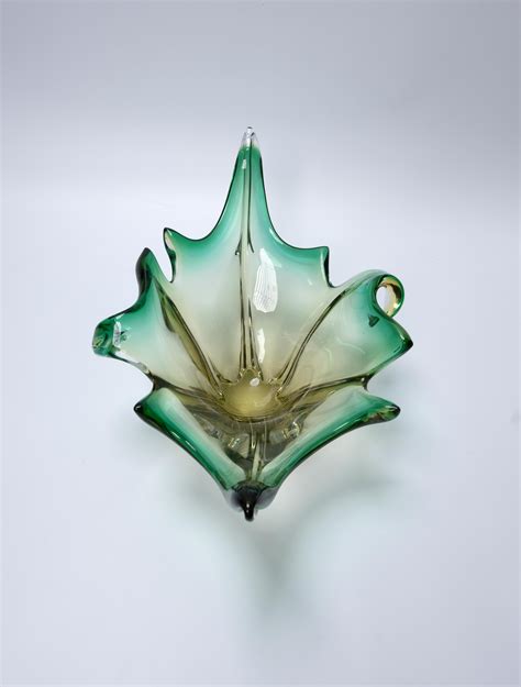 Mid Century Italian Murano Sommerso Green And Yellow Splash Bowl