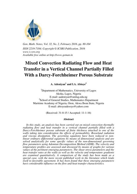 Pdf Mixed Convection Radiating Flow And Heat Transfer In A Vertical