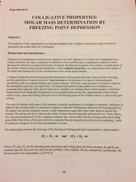 Solved Experiment 4 Colligative Properties Molar Mass Solved Experiment 4 Colligative Properties Molar Mass