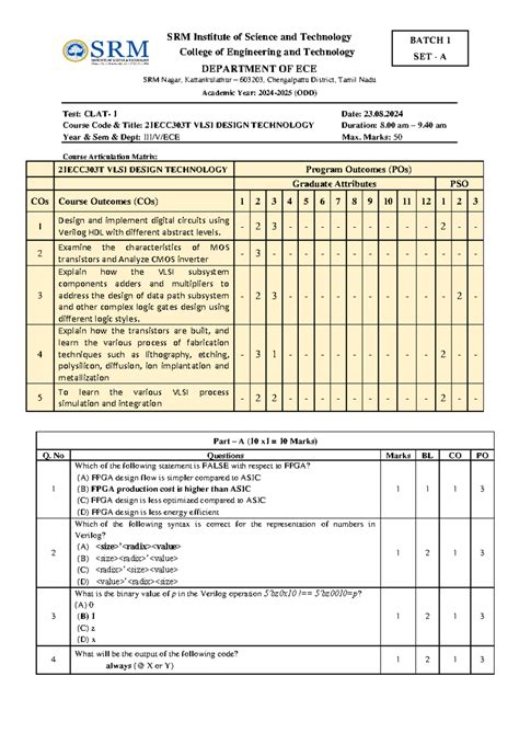 Ft2 Vlsi Set B Key Ct Question Paper Srm Institute Of Science And Technology College Of
