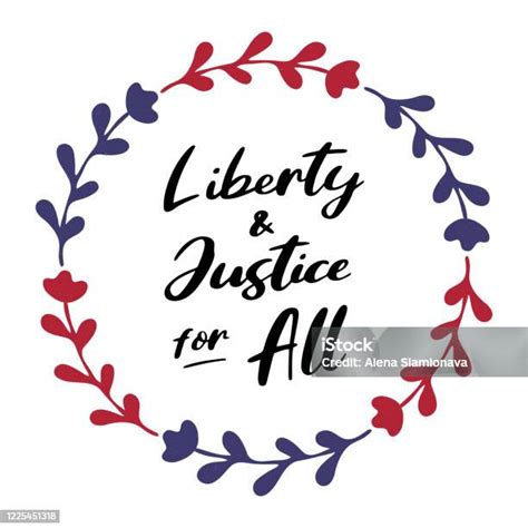 손은 파란색 빨간 화환과 모든 인용에 대한 자유와 정의를 스케치 엽서 초대장 포스터 아이콘 라벨 배너 템플릿 디자인에 대한 독립 기념일 레터링 0명에 대한 스톡 벡터 아트