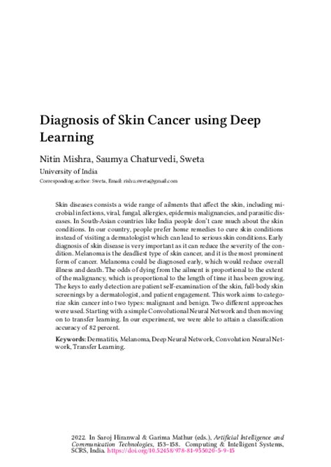 pdf diagnosis of skin cancer using deep learnig