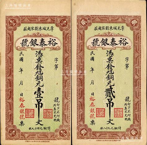 民国年（章邱）裕泰银号铜元壹吊文、贰吊文共2枚不同，均背印风景图；森本勇先生藏品，九五成新 玉胜金石·森本勇先生收藏中国纸币 拍卖结果 上海