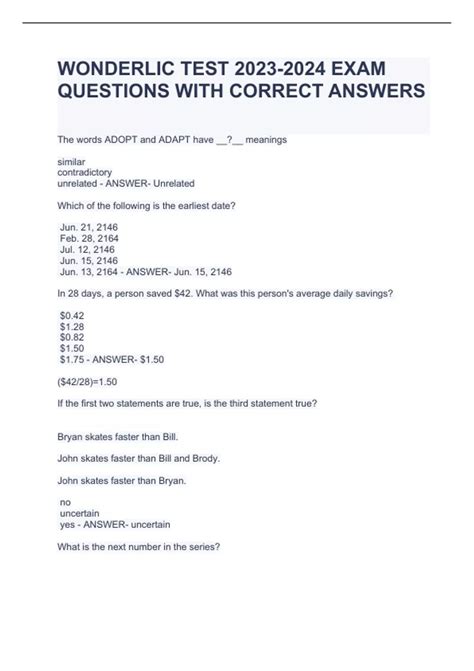 Sample Wonderlic Test With Answers Wonderlic Test