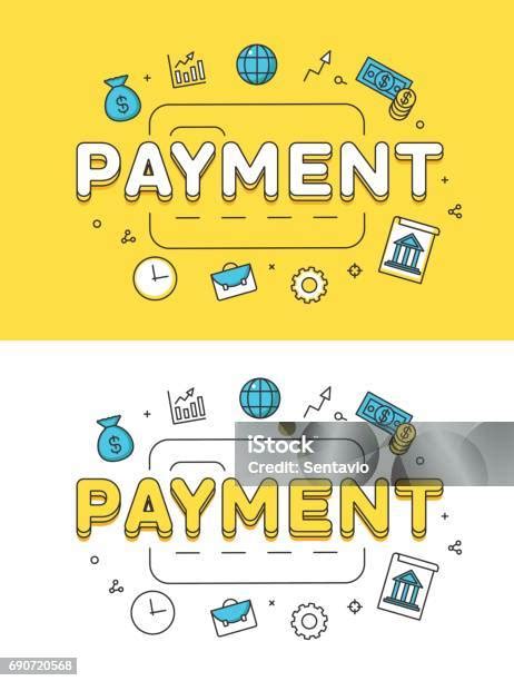 신용 카드와 아이콘 웹사이트 영웅 이미지 벡터 일러스트 레이 션을 통해 선형 평면 지불 단어 설정합니다 은행 및 금융 개념입니다 가방에 대한 스톡 벡터 아트 및 기타 이미지