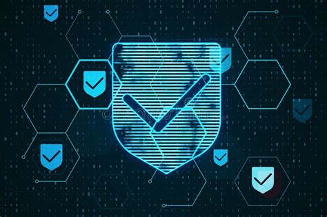 Creative Glowing Hexagonal Shield Hologram With Binary Coding On Blurry