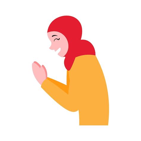 무슬림 여성 캐릭터 인 인사 포즈 터 일러스트레이션 프리미엄 벡터