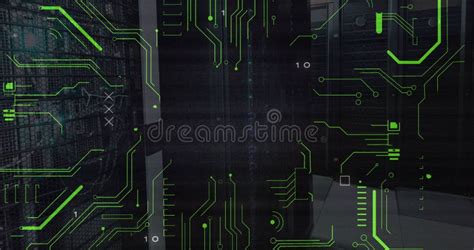 image of binary codes and circuit board pattern over server room in