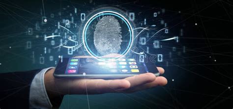 Businessman Holding A Digital Fingerprint Identification And Binary Code 3d Rendering Stock