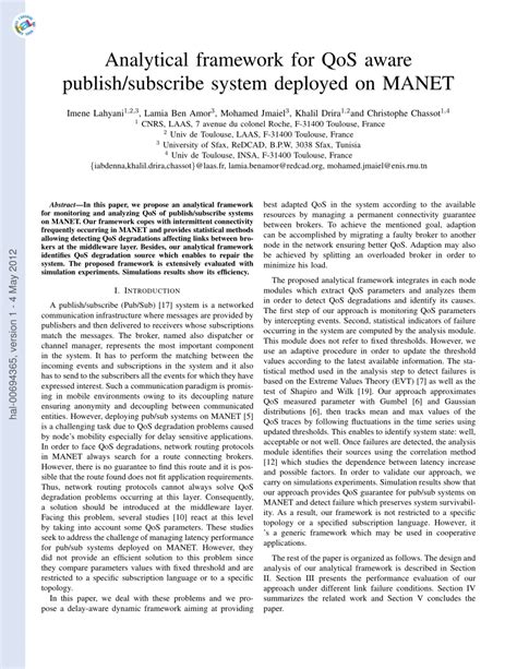 Pdf Analytical Framework For Qos Aware Publishsubscribe System Deployed On Manet